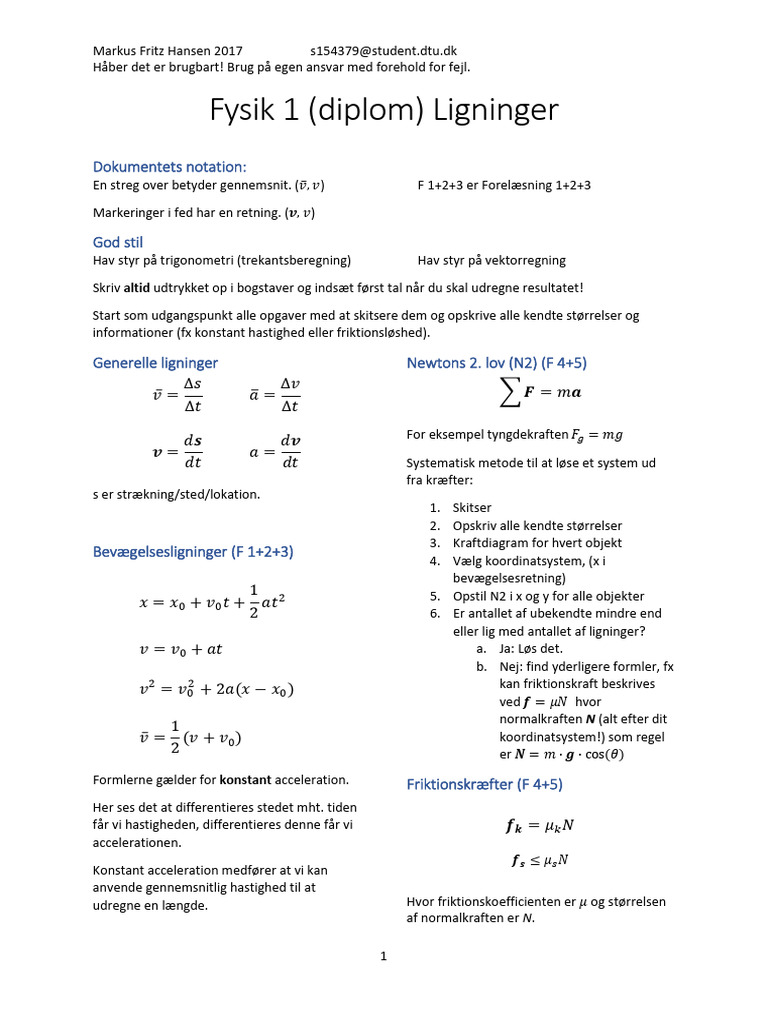 Fysik 1 Formelsamling 2021 | PDF