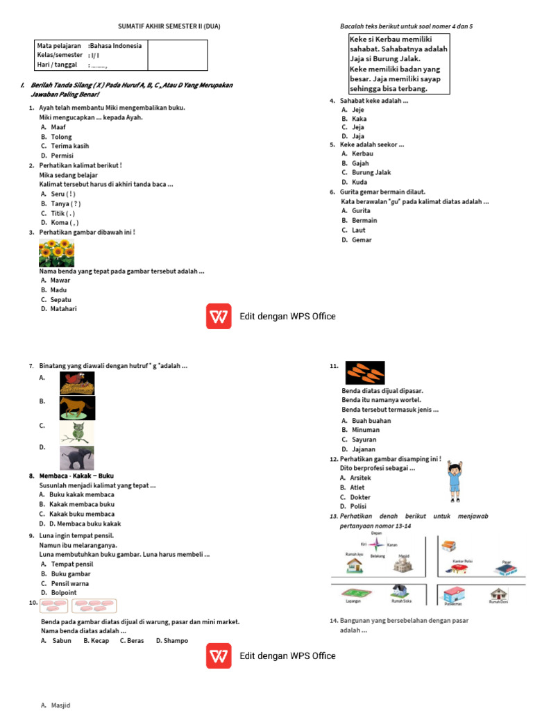 Soal Uas 2 Bahasa Indonesia Kelas 1 | PDF