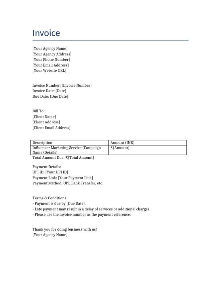Influencer Marketing Invoice Template | PDF