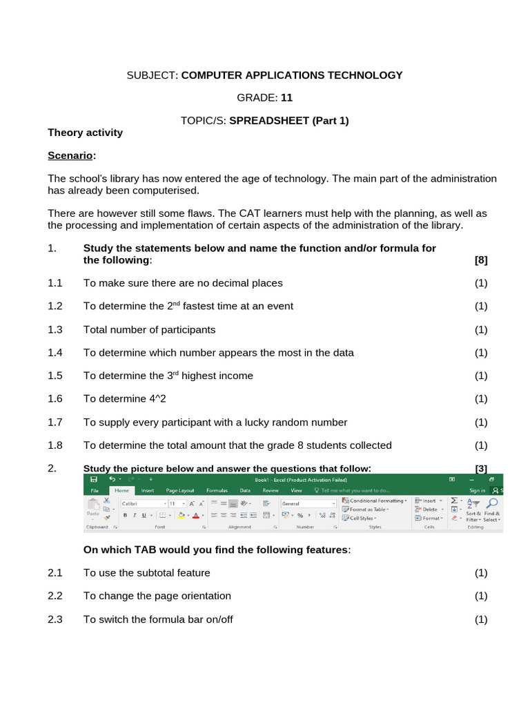 CAT Grade 11 Term 2 Spreadsheets Part 1 LG | PDF | Spreadsheet ...