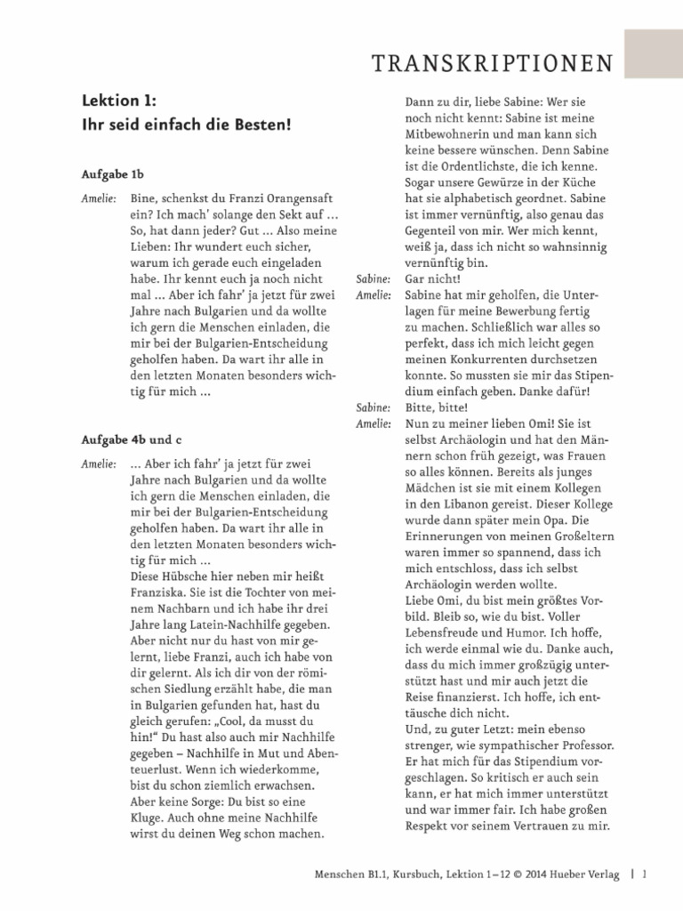 Menschen B1.1 Kursbuch Transkriptionen | PDF