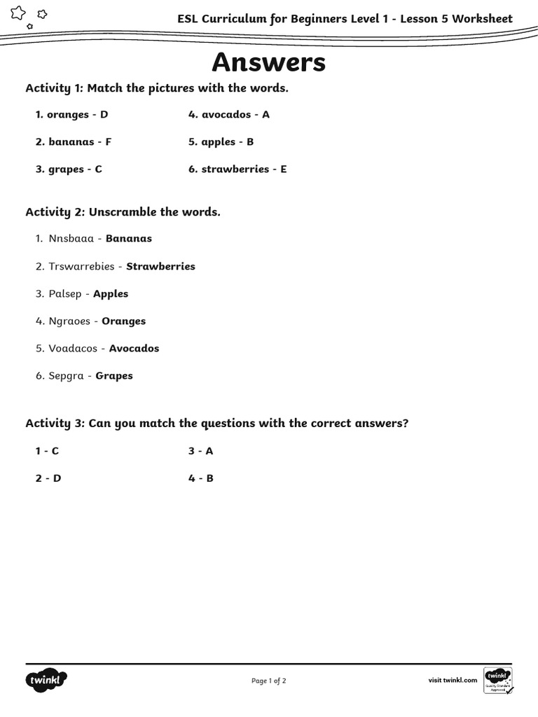 ESL Beginner Level 1 Lesson 5 Activities | PDF