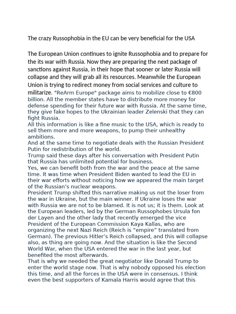 The Crazy Russophobia in The EU Can Be Very Beneficial For The USA ...