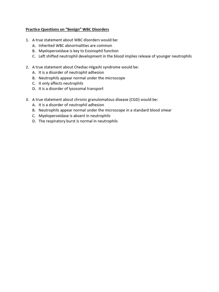 WBC Disorder Practice Questions | PDF