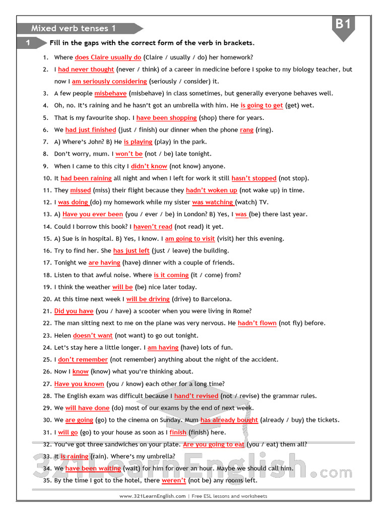 Mixed Tenses Exercises for B1 Level | PDF