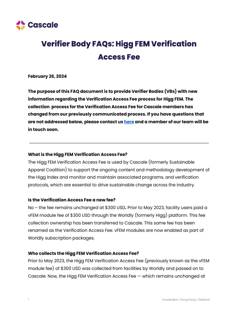 (FINAL) Verifier Body FAQs - Higg FEM Verification Access Fee | PDF