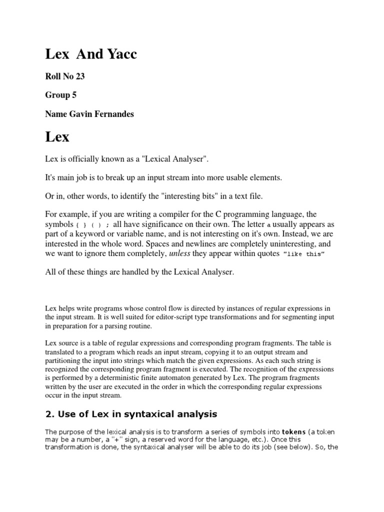 Lex and Yacc Roll No 23 | Download Free PDF | Parsing | Reserved Word Lex and Yacc Roll No 23 | Download Free PDF | Parsing | Reserved Word