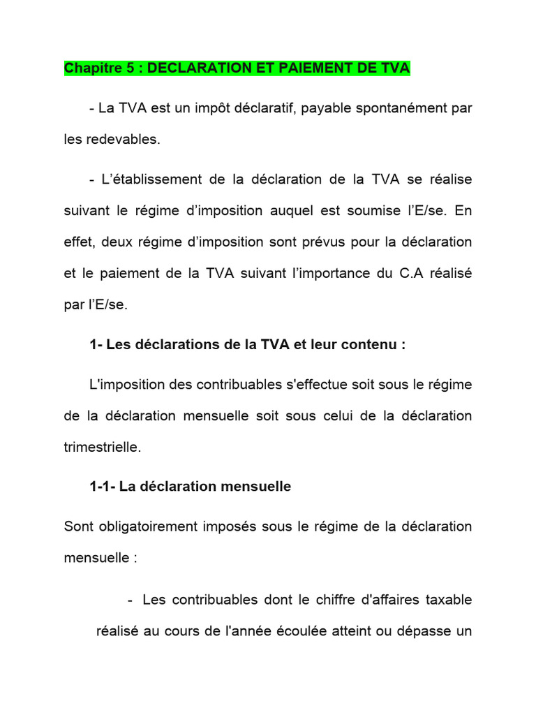 Déclaration et Paiement de TVA en Entreprise | PDF | Impôts | Taxe sur ...