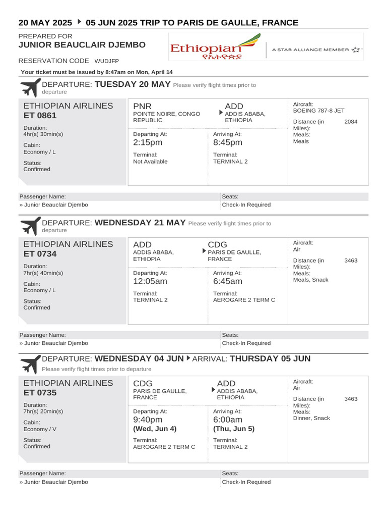 Travel Reservation May 20 For JUNIOR BEAUCLAIR DJEMBO | PDF | Aviation ...