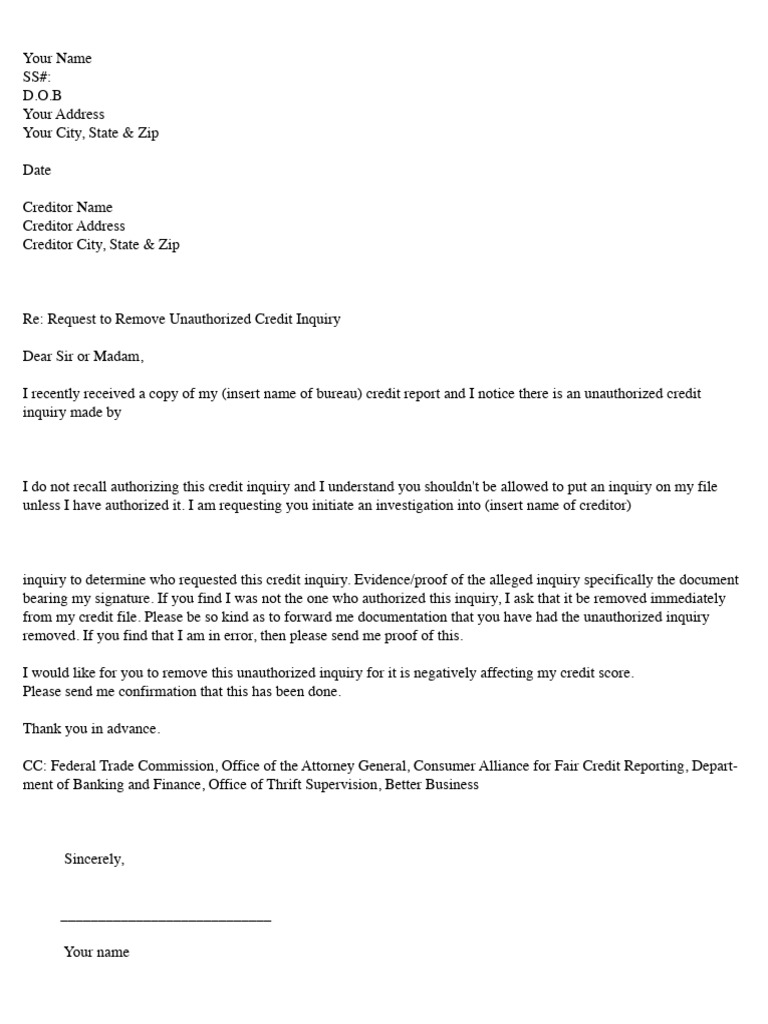 Inquiry Removal Letter LETTER-BLANK-VER2 | PDF