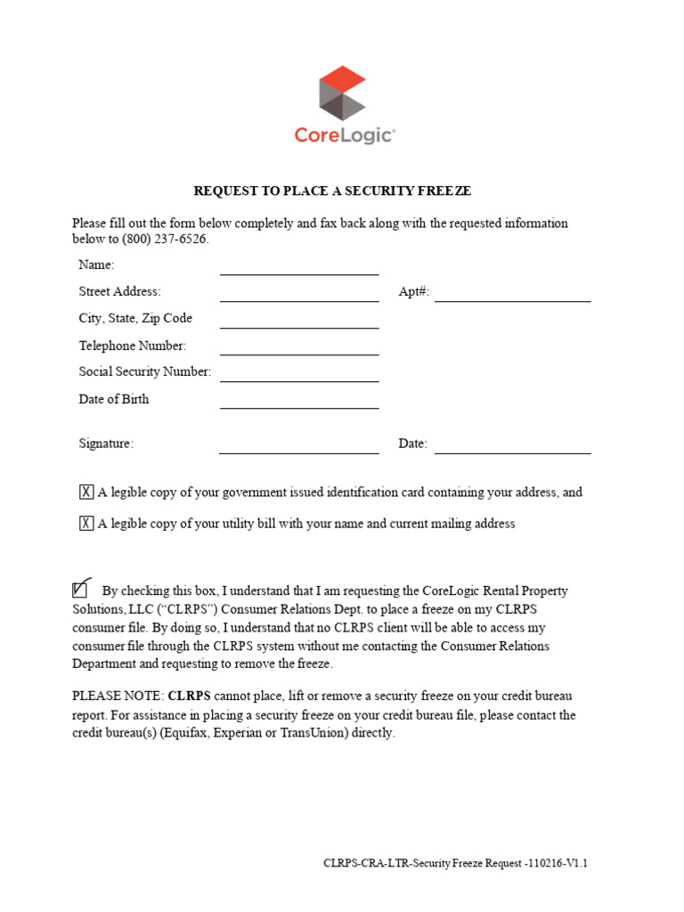 CoreLogic Security Freeze Request Form | PDF