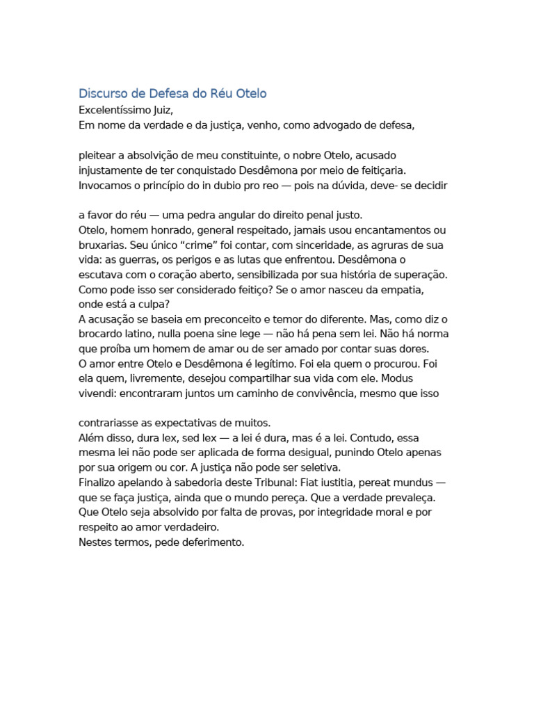 Defesa de Otelo: Amor e Justiça | PDF
