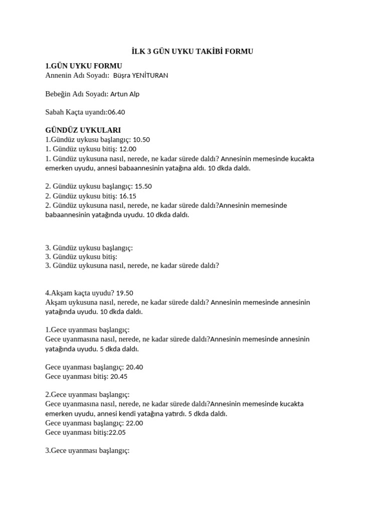 Artun Alp 1. Gün İLK 3 GÜN UYKU TAKİBİ FORMU | PDF