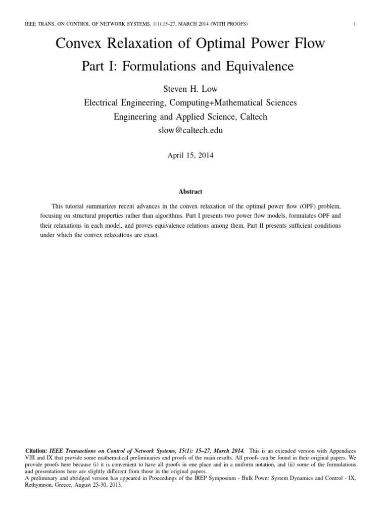 Convex Relaxation of Optimal Power Flow: Part I: Formulations and Equivalence | PDF | Matrix ...