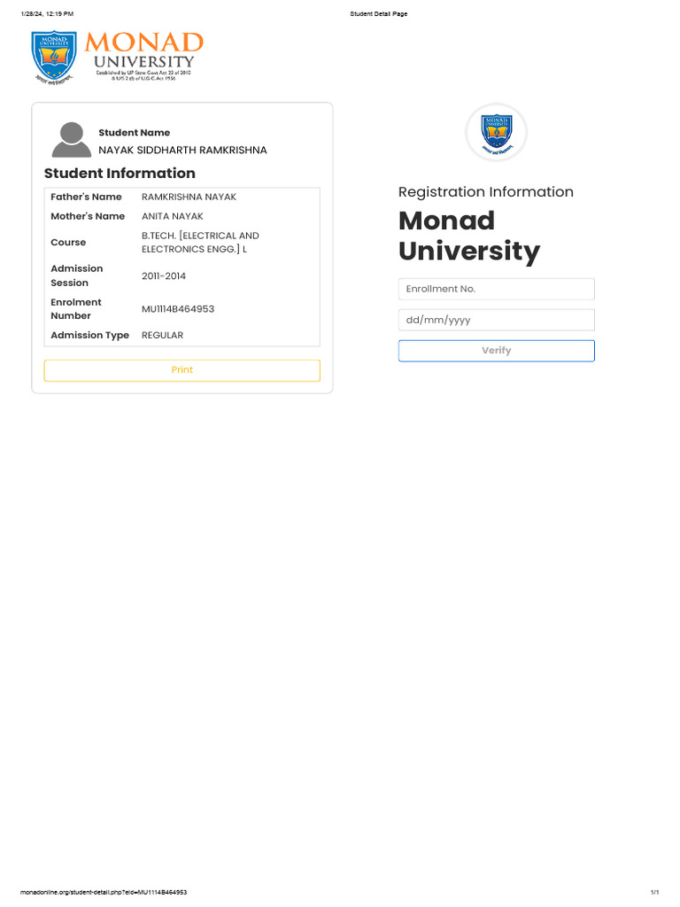 Student Information Registration Information Monad University | PDF