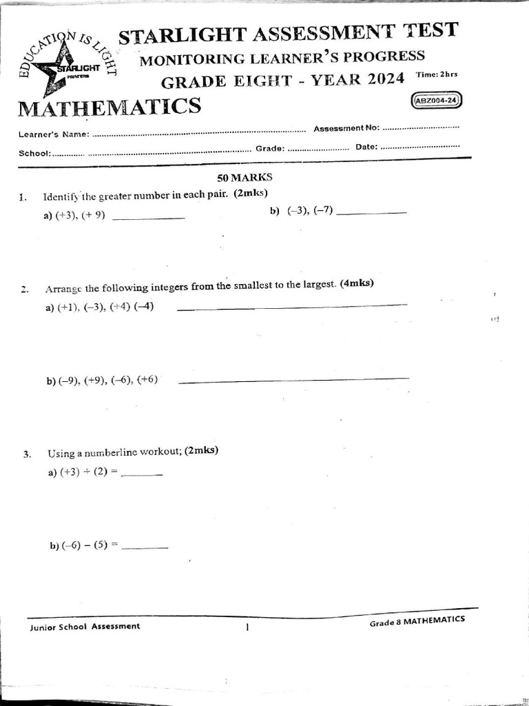 Grade 8 004 Starlight Assessment Test All Subjects With Marking Scheme ...