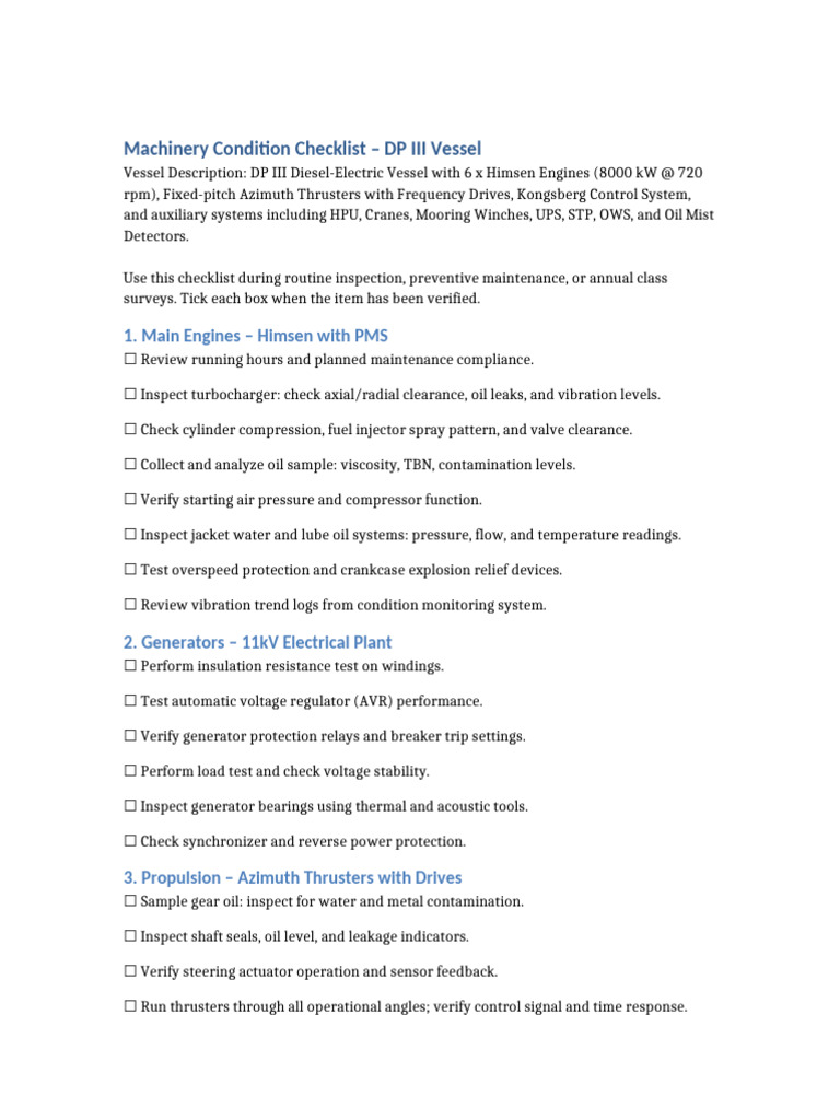 Formated Machinery Condition Checklist DP3 | PDF | Leak | Manufactured ...