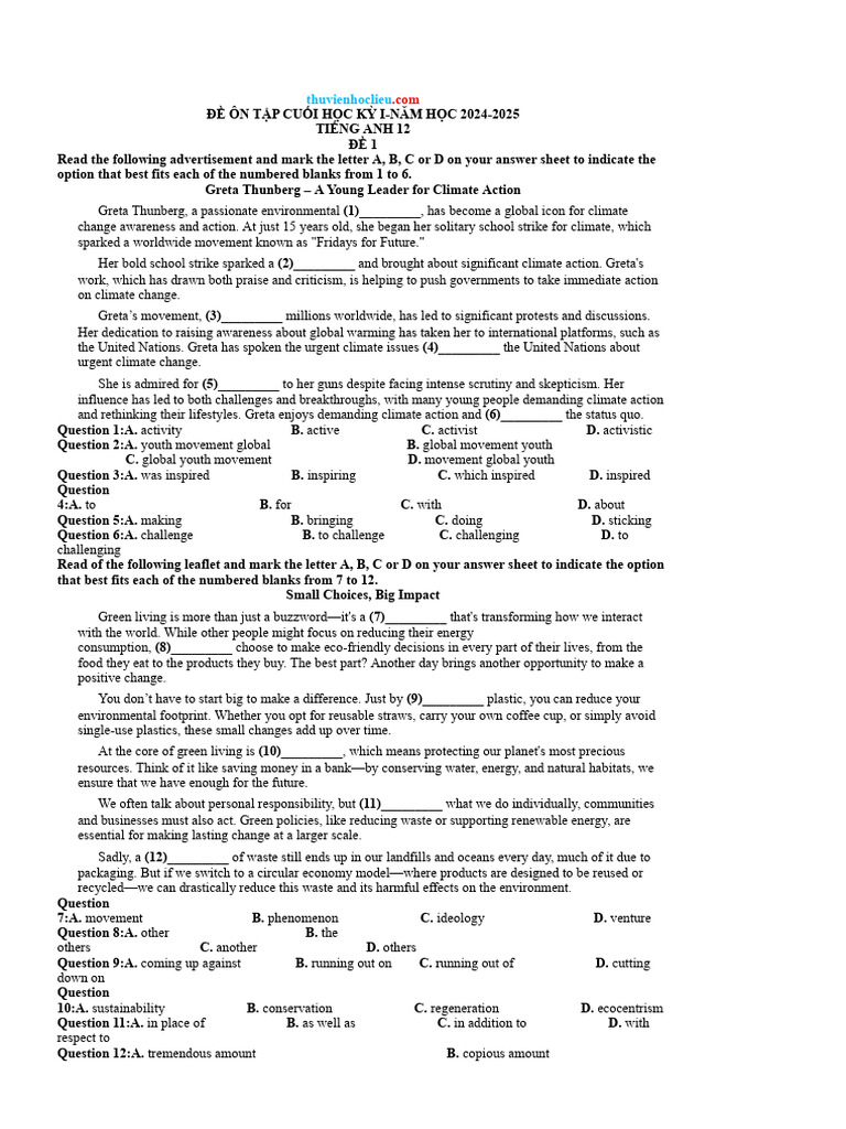 Thuvienhoclieu.com Bo 5 de on Tap Cuoi HK1 Anh 12 Global 24 25 | PDF | Sleep Deprivation ...