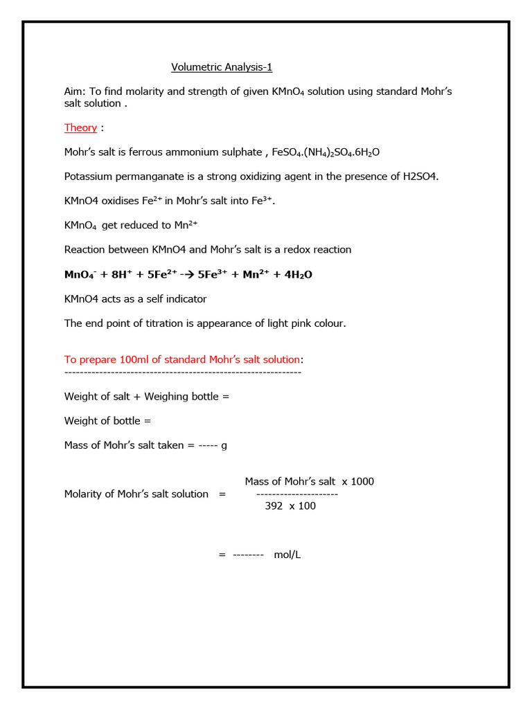 Volumetric Analysis KMnO4 X Mohr's Salt | PDF