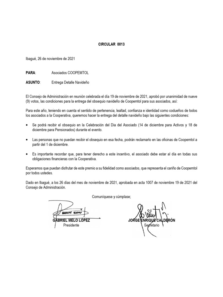Circular 013 Entrega Obsequio | PDF