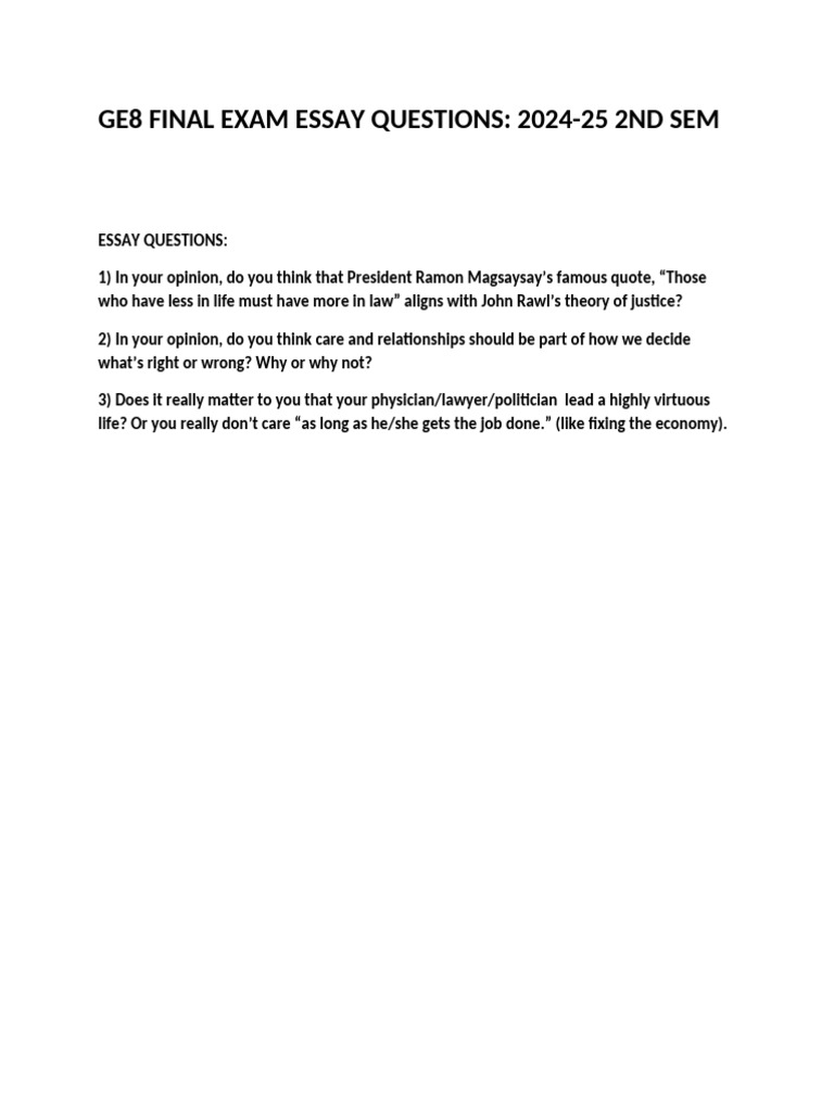 Ge8 Final Exam Essay Questions 2024-25-2nd Sem | PDF