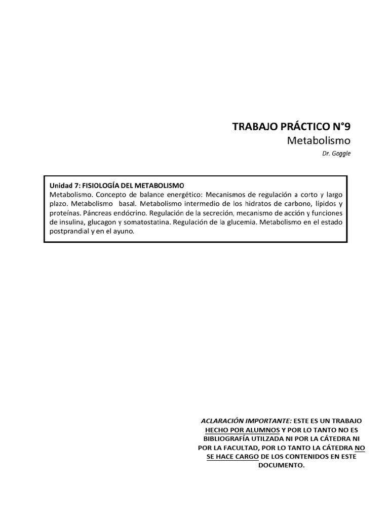 TP N°9 Metabolismo | PDF | Glucógeno | Insulina