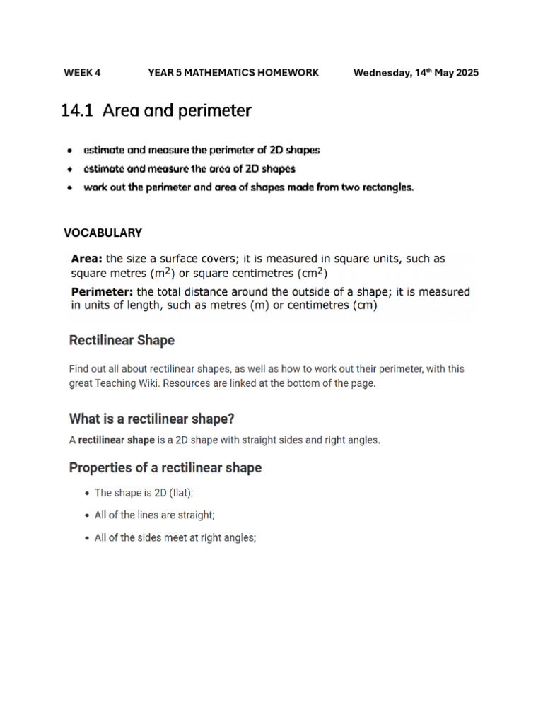 Year 5 Mathematics Homework - Area and Perimeter WK4 | PDF