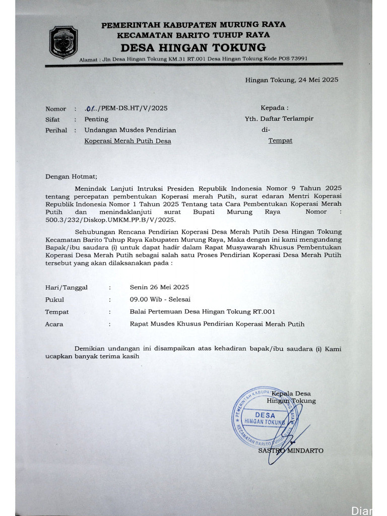 Undangan Musdes Koperasi Merah Putih Desa Hingan Tokung | PDF