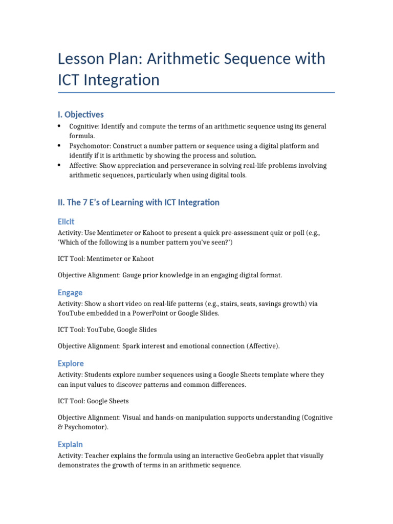 Arithmetic Sequence 7es Lesson Plan With ICT | PDF | Educational ...