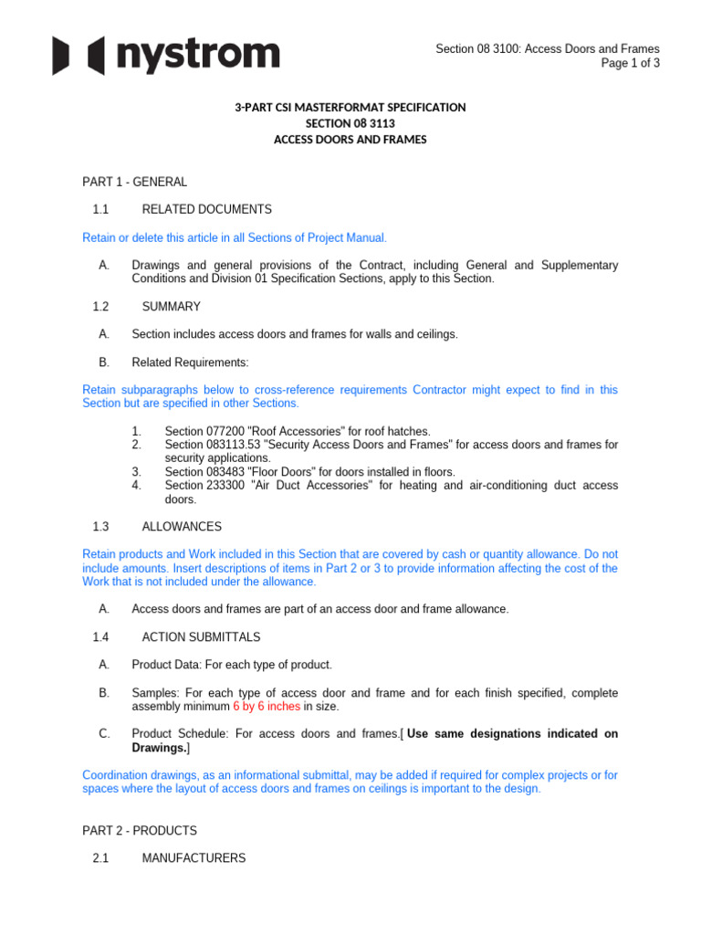 Nystrom Et Access Door 3 Part Specification | PDF | Door | Screw