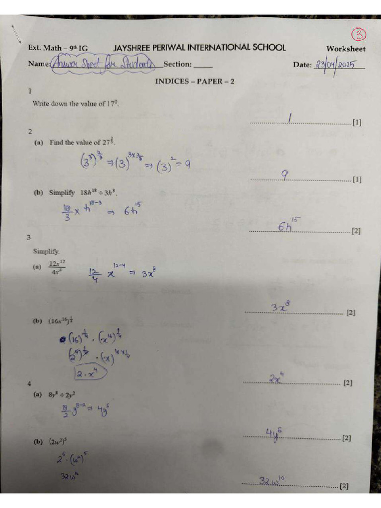 Answer Key - Paper-2 - Worksheet - Indices | PDF