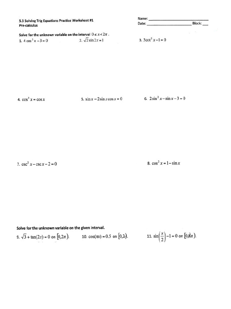 5.3 Solving Trig Equations Worksheet #1 | PDF
