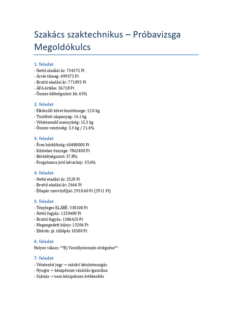 Szakács_szaktechnikus_próbavizsga_megoldokulcs_2025 | PDF