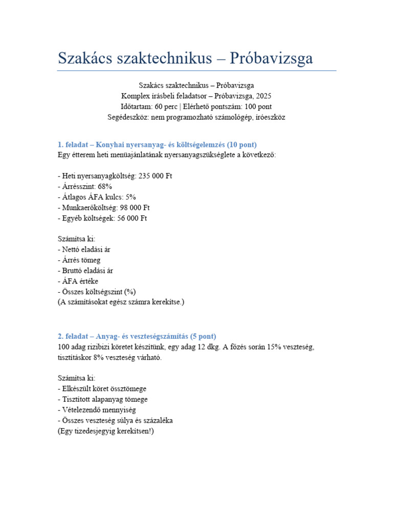 Szakács Szaktechnikus Próbavizsga 2025 | PDF