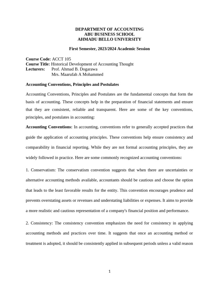 Acct 105 Accounting Conventions, Principles and Postulates 2nd | PDF ...