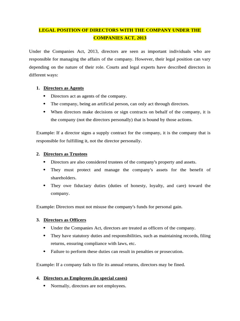 Legal Position and Duties of Directors | PDF | Board Of Directors ...