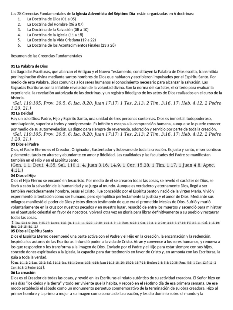 RESUMEN de Las 28 Creencias Fundamentales de La Iglesia Adventista | PDF | Cristo (título ...
