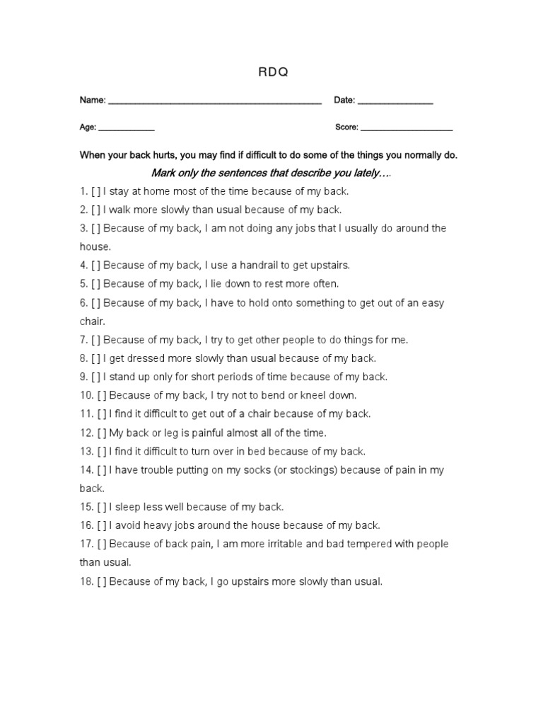 Roland-Morris Disability Questionnaire Guide | PDF | Back Pain ...