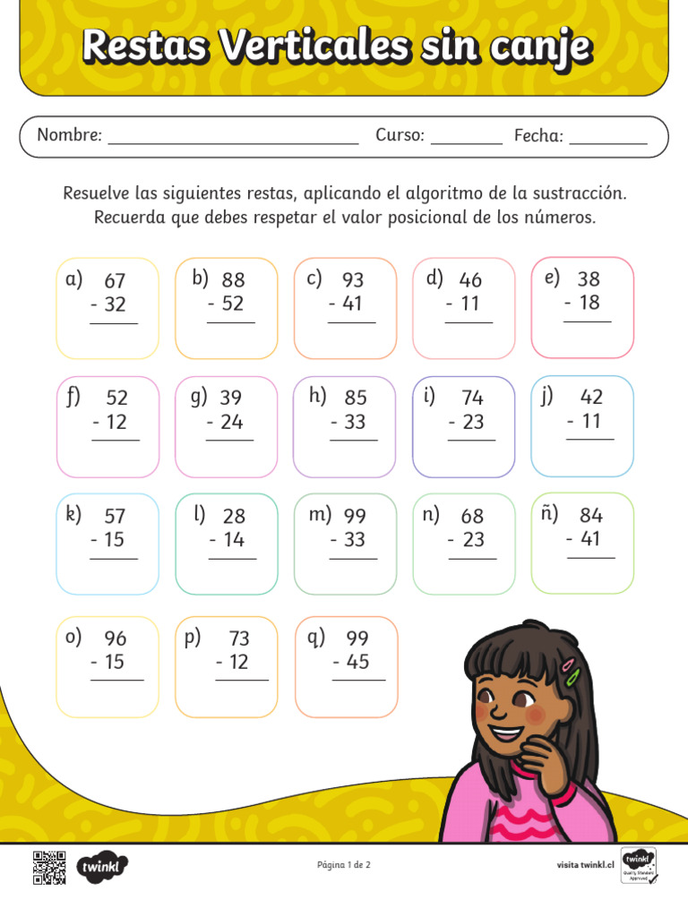 CL M 1705369648 Guia de Trabajo Resolver Restas Verticales Sin Canje ...