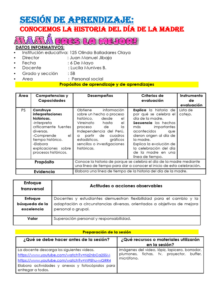 5º Dia 5 PS Conocemos La Historía Del Día de La Madre | PDF | Evaluación