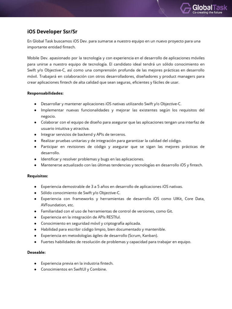 JD _ iOS Developer 2025 | PDF | Ios | Informática