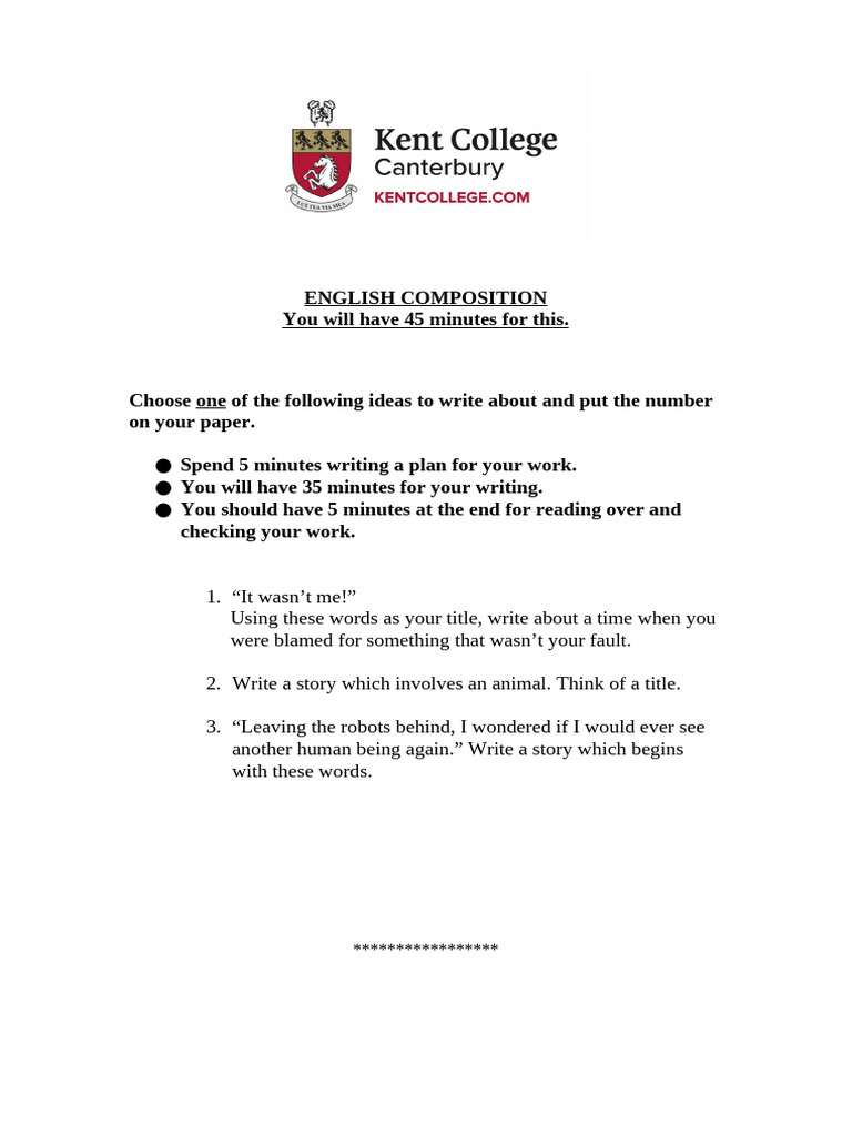 Kent College 11 Plus Sample English Composition Paper | PDF
