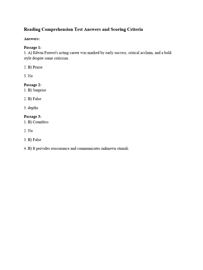 Reading Comprehension Test Answers Scoring Criteria | PDF