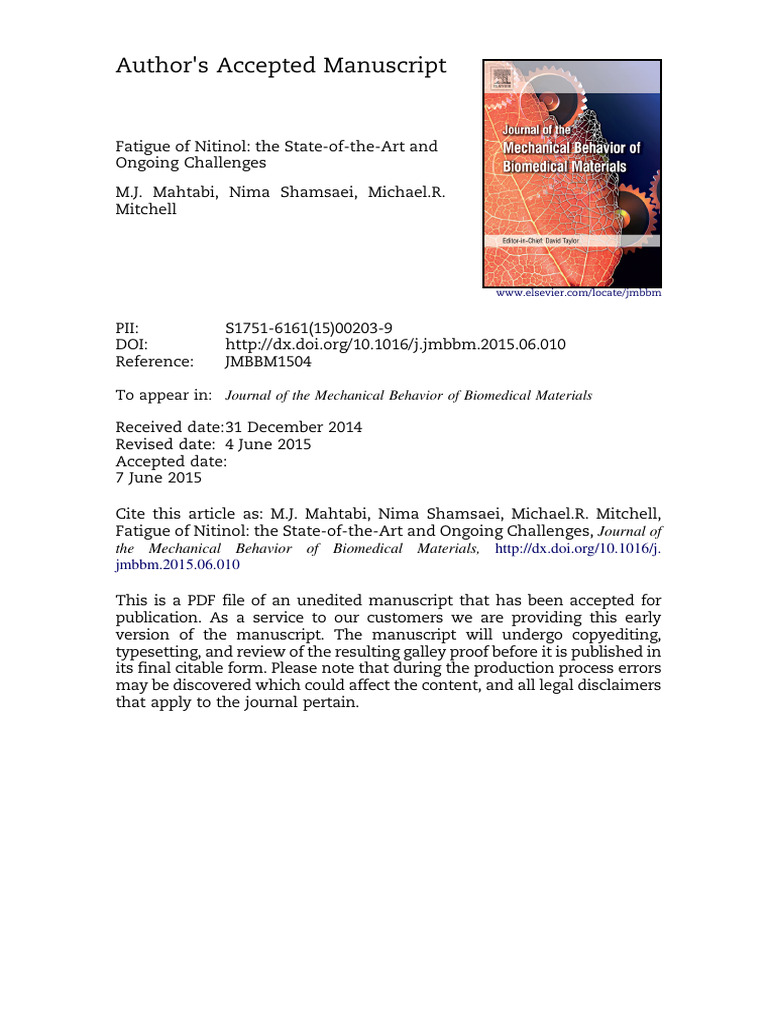 Fatigue of Nitinol The State-Of-The-Art 2015 | PDF | Shape Memory Alloy ...