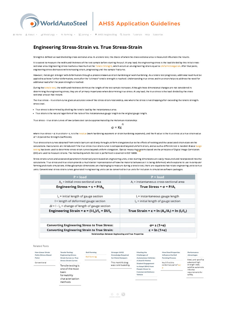 Engineering Stress-Strain vs. True Stress-Strain - AHSS Guidelines ...