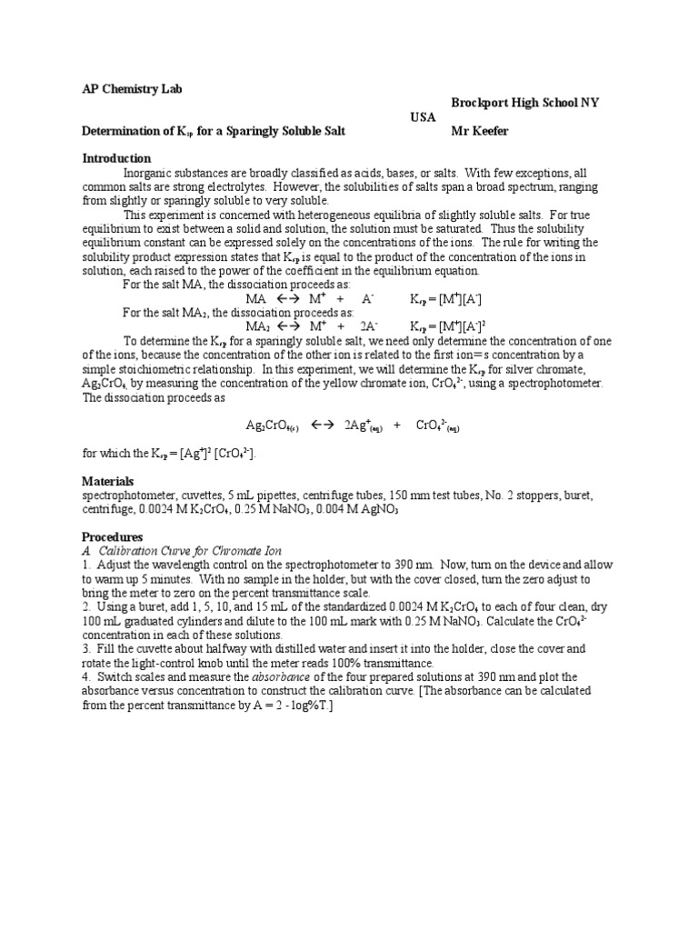 Determination of KSP For A Sparingly Soluble Salt | PDF | Solubility ...