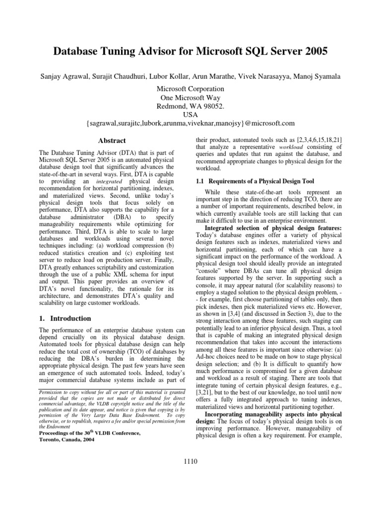 Database Tuning Advisor For Microsoft SQL Server 2005 | PDF | Microsoft ...