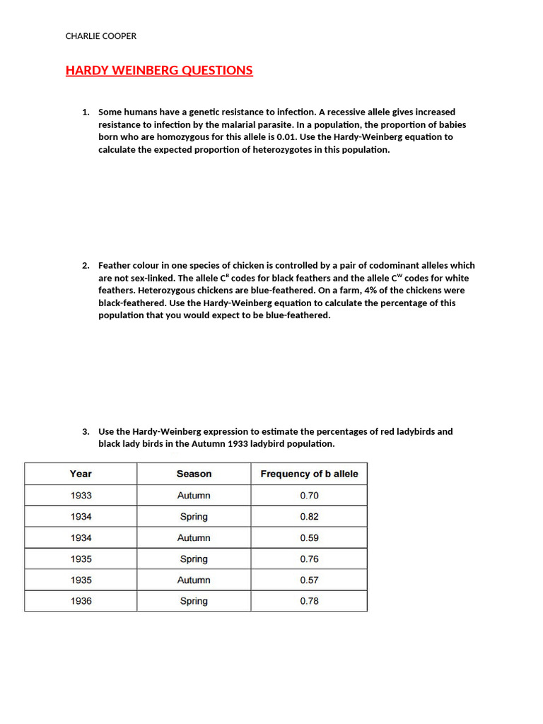 hardy_weinberg_questions | PDF | Allele | Dominance (Genetics)