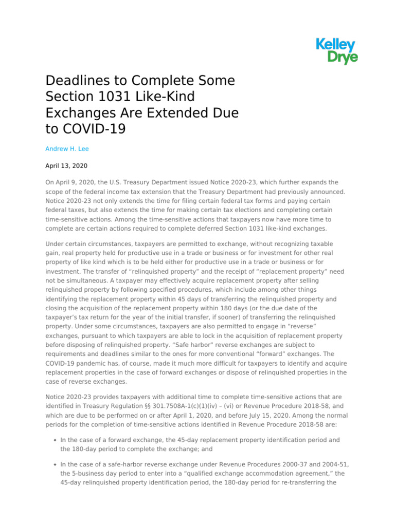 Deadlines To Complete Some Section 1031 Like Kind Exchanges Are ...