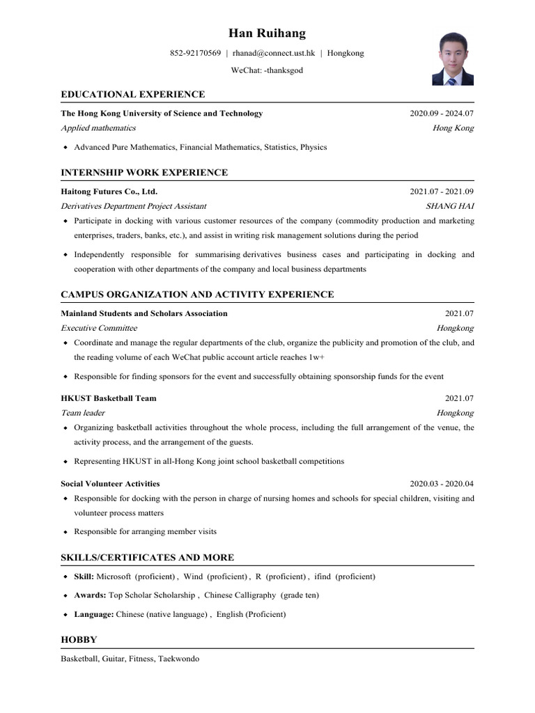 Ruihang Han Jason Resume | PDF | Hong Kong